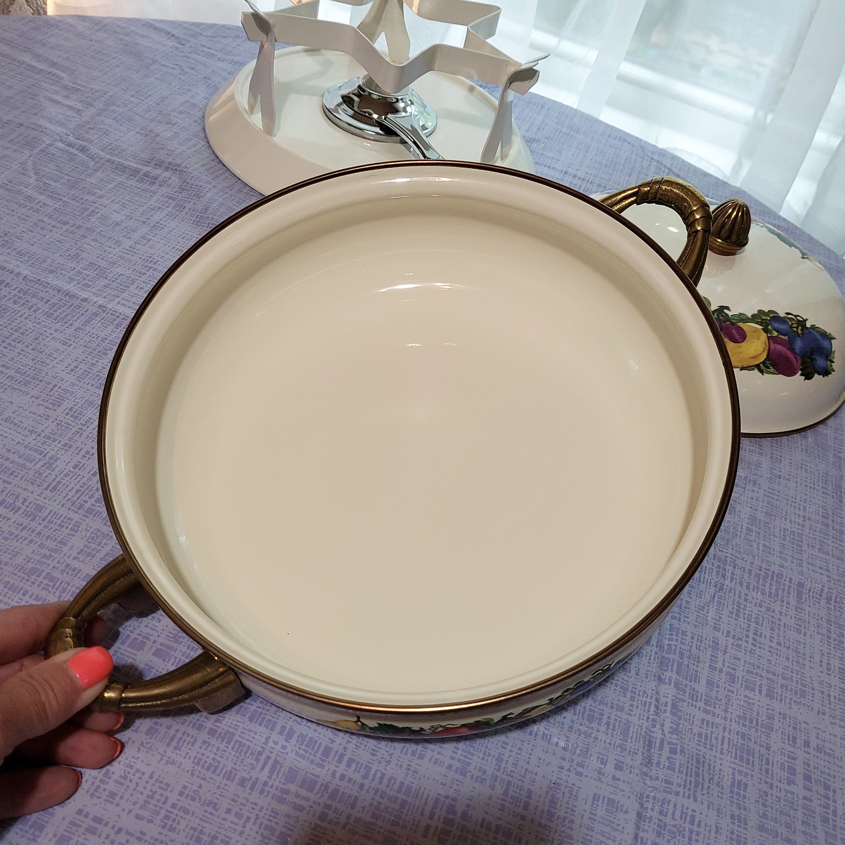 Vintage Porcelain Enamel Pan W/lid Brass Handles & Warming - Etsy