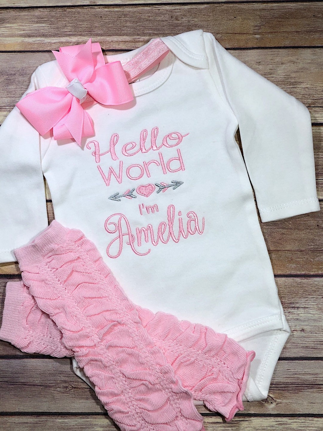 Personalized Newborn Girl Outfit, Hello World Bodysuit, Ruffled Leg ...