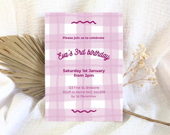 Pink Gingham Girl Birthday Invitation, Digital Canva Download, Floral ...