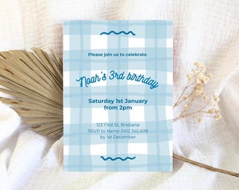 Construction Birthday Invitation, Blue Gingham Invitation - Etsy