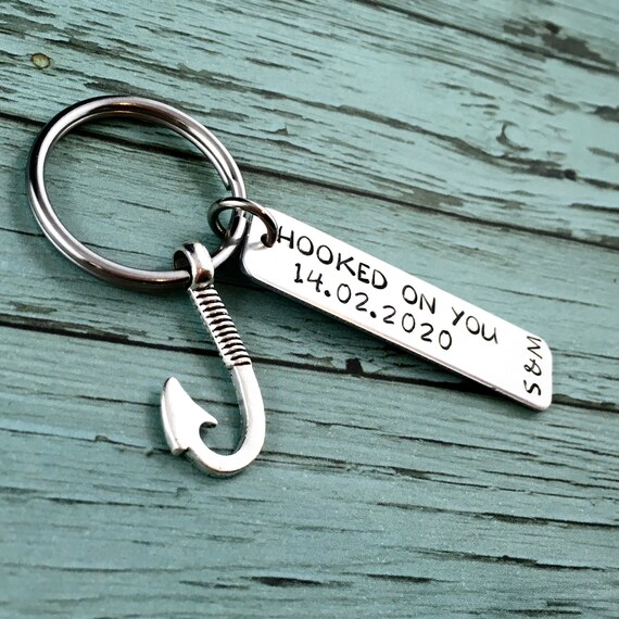 Hand Stamped Hooked on You Keychain Gift for Boyfriend | Etsy