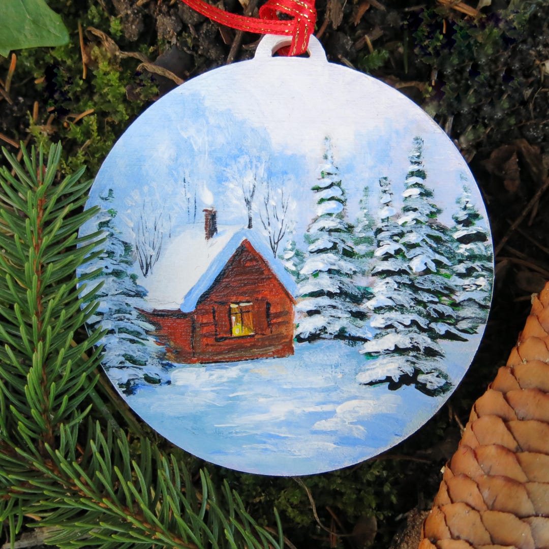 Hand Painted Wooden Christmas Ornament, Winter Forest Ornaments ...
