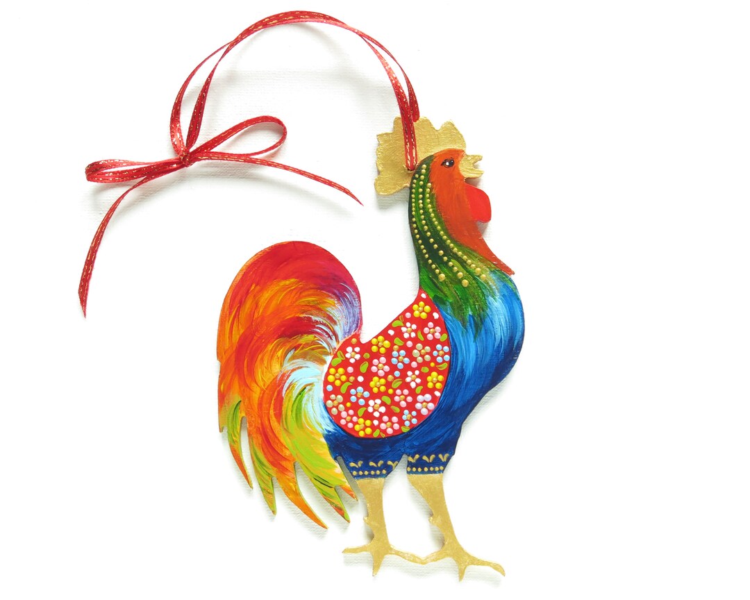 Rooster Ornament, Hand Painted Wooden Rooster, Hanging Bird Wood ...