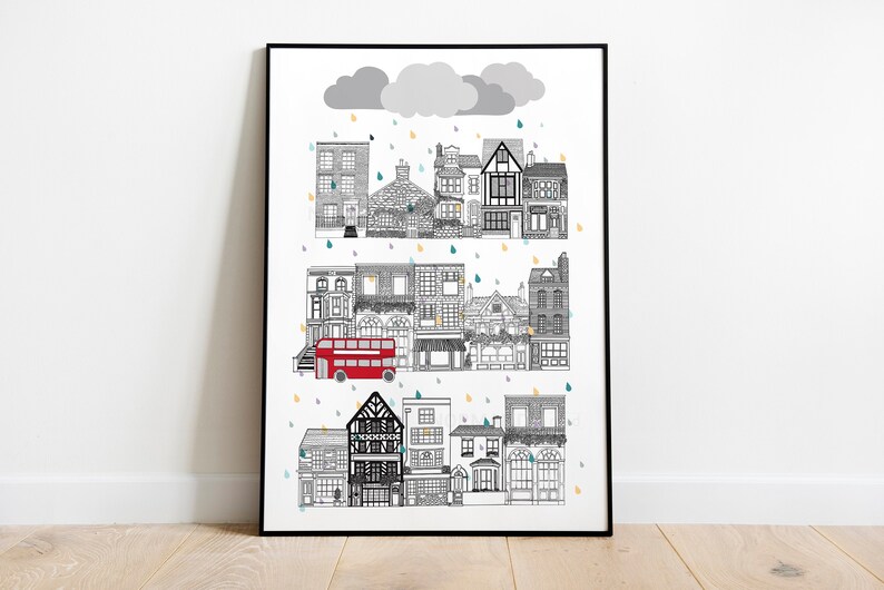 Houses of London A4 Cityscape, Art Print, Red Bus Print, London Double ...