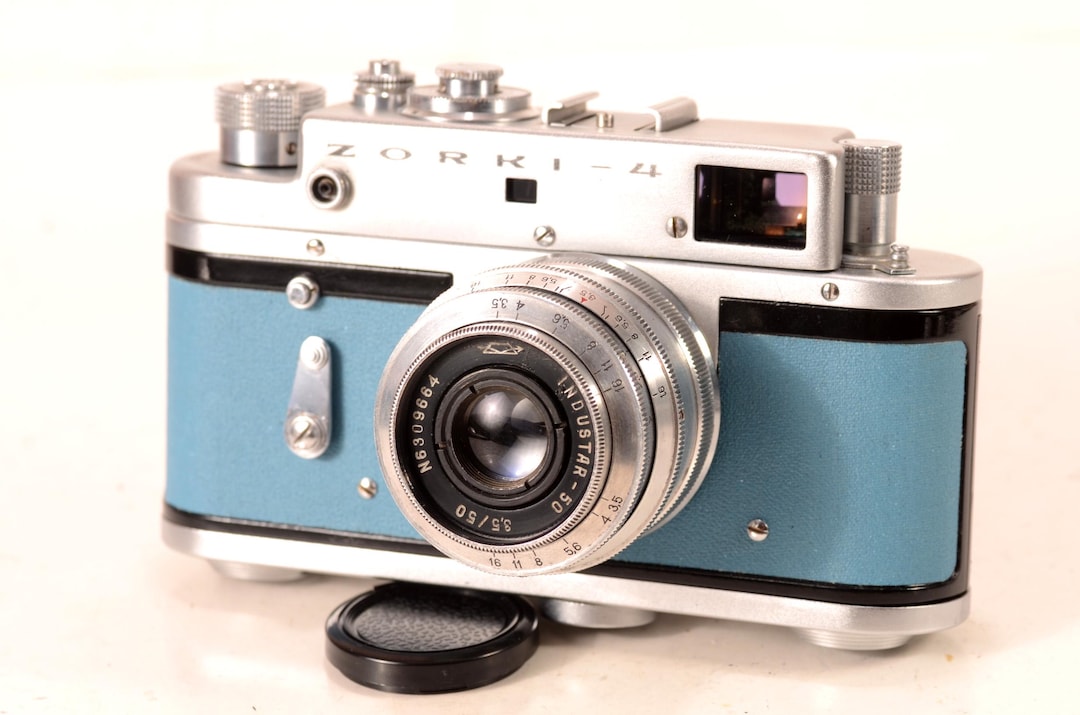 Zorki Zorkiy-4 Serviced CLA USSR Leica 35mm Camera Blue Body L39 Industar-50 3.5/50mm Lens ...