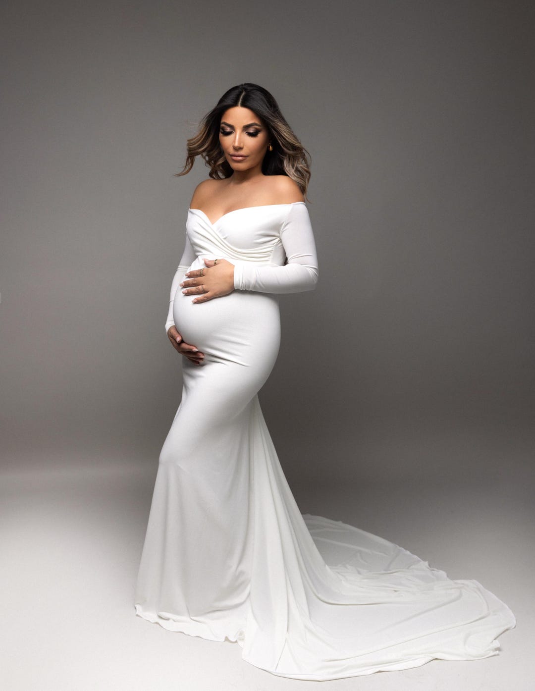 Sona Long Sleeved Fitted With Train - Maternity Photoshoot Dress - Baby Shower Gown - Etsy