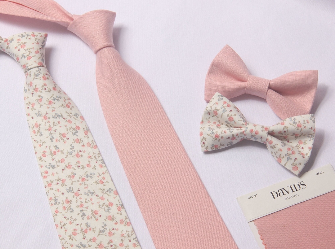 Ballet Floral Ties for Men, Rose Pink Men's Linen Tie, Light Blue Pink ...