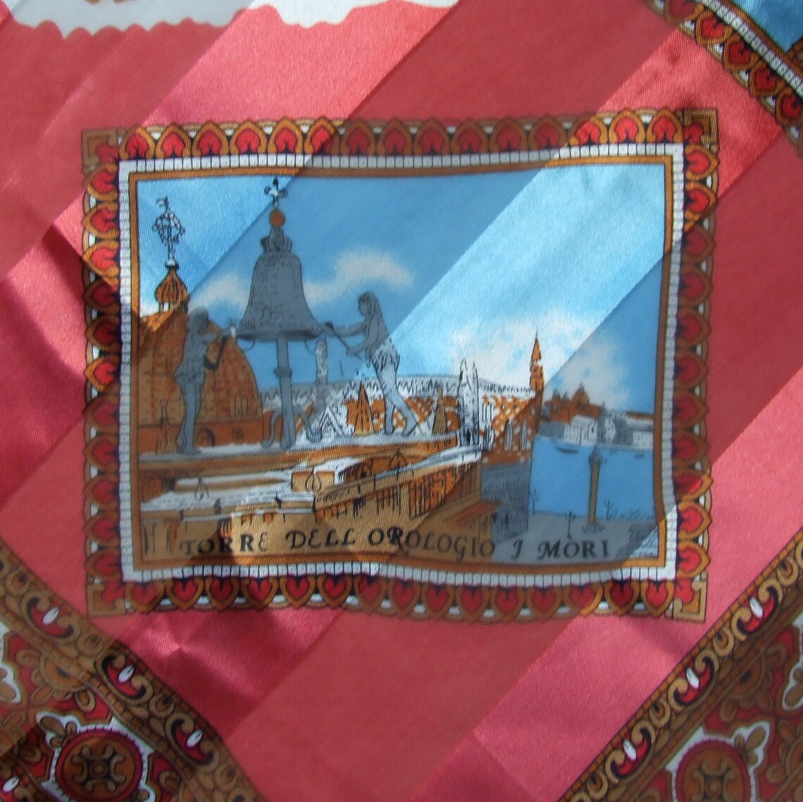 Large Red Vintage Bandana Venezia Italy Satin Stripes Square Scarf With ...