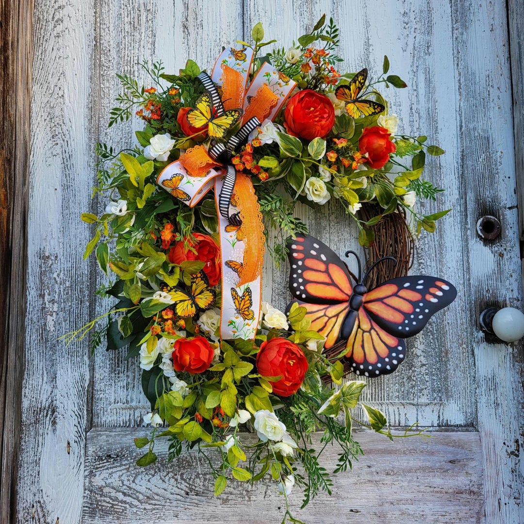 Monarch Butterfly Wreath for Front Door, Spring and Summer Peony ...