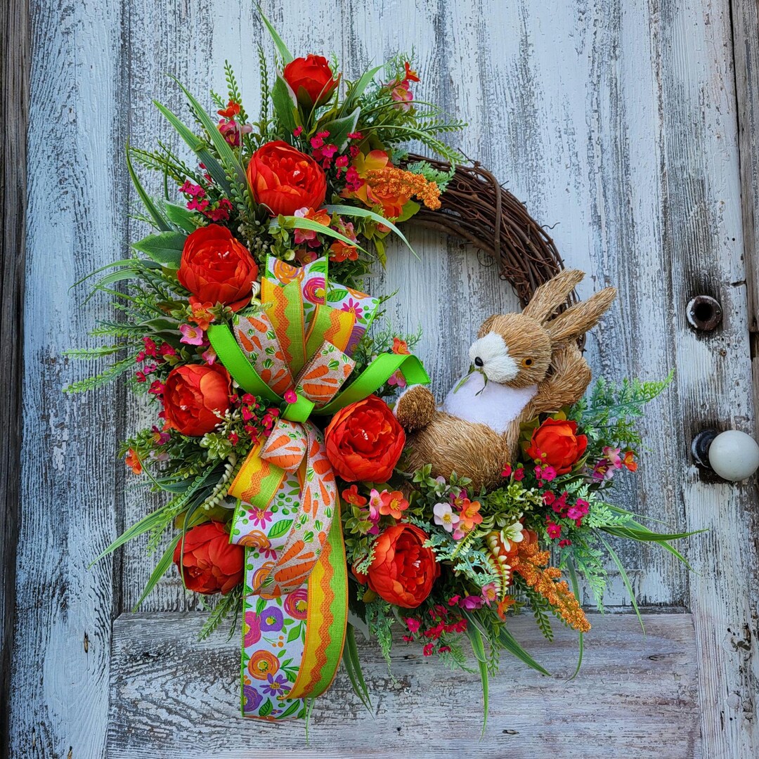 Easter Peony Wreath for Front Door, Spring Bunny Grapevine Decor ...