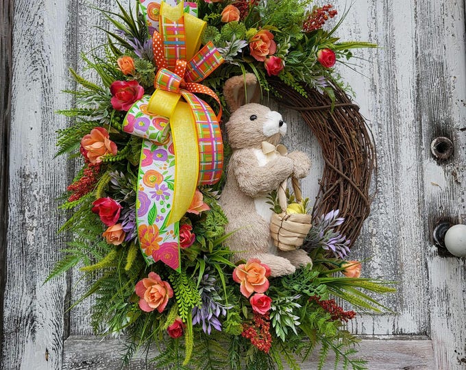 Easter Bunny Wreath for Front Door, Spring Grapevine Decor, Whimsical ...