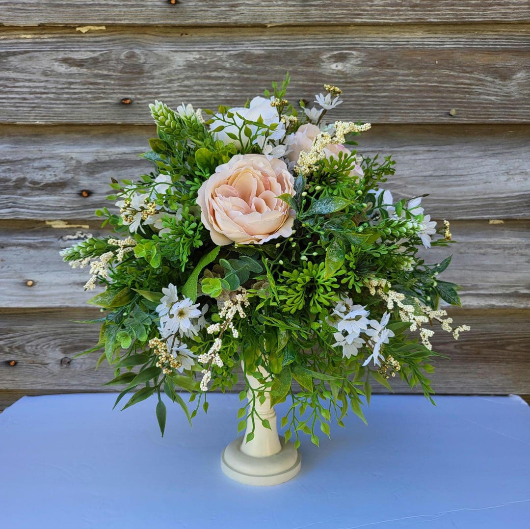 Cream Candlestick Floral Arrangement, Rustic Everyday Cabbage Rose ...
