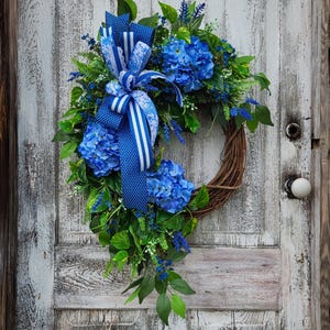 Blue Hydrangea Wreath, Spring and Summer Front Door Wreath, Farmhouse ...