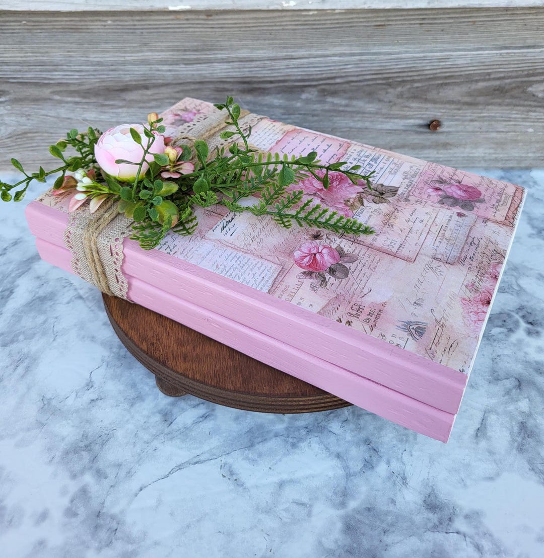 Shabby Cottage Wood Faux Book Stack, Decorative Book With Greenery ...