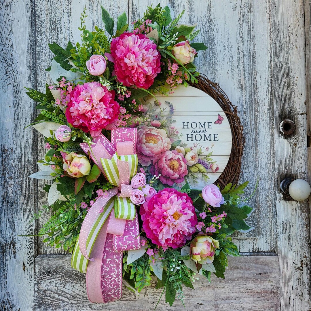 Spring Summer Peony Wreath, Country Cottage Wreath for Front Door, Pink ...