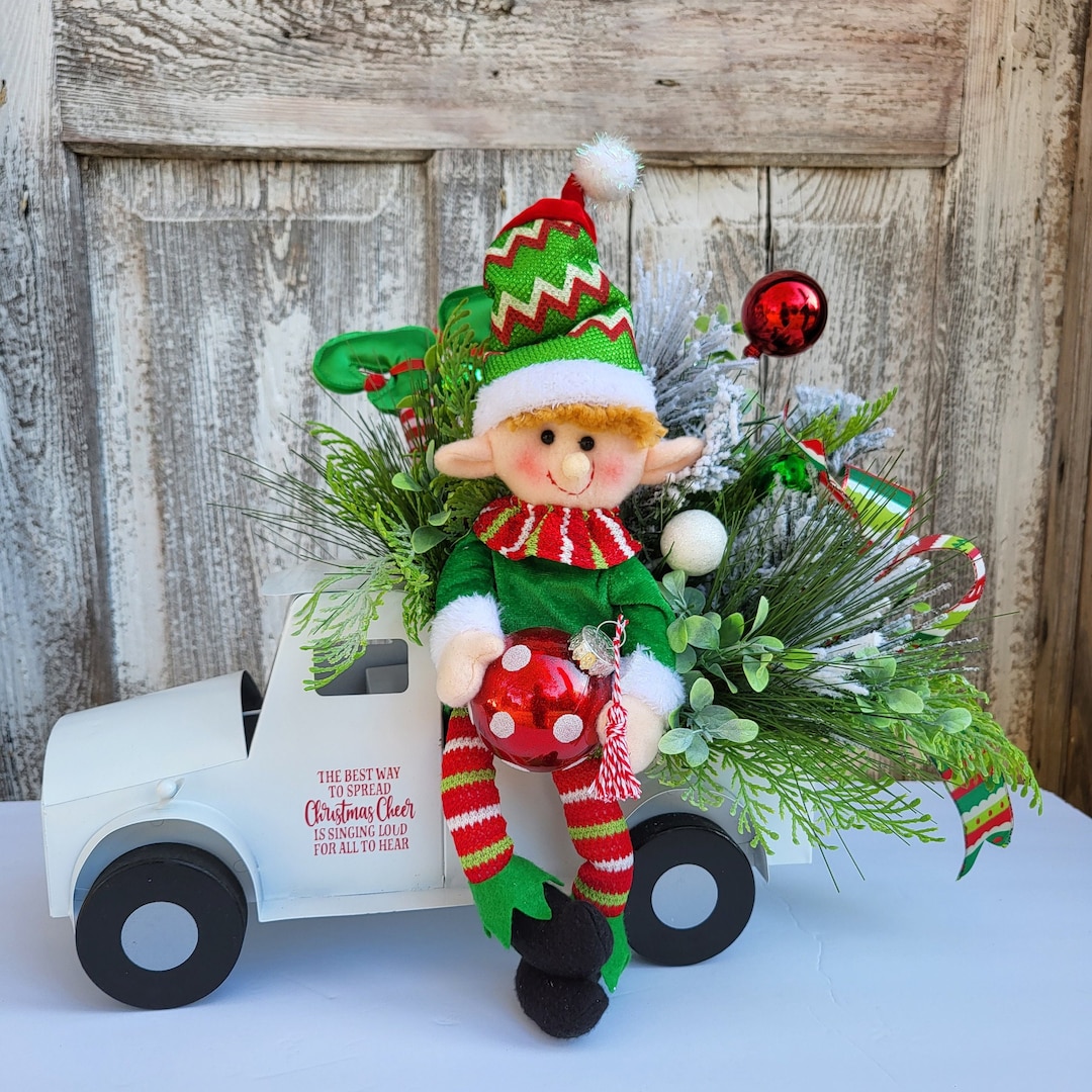 Christmas Elf Centerpiece, Whimsical Farm Truck Arrangement, Holiday ...