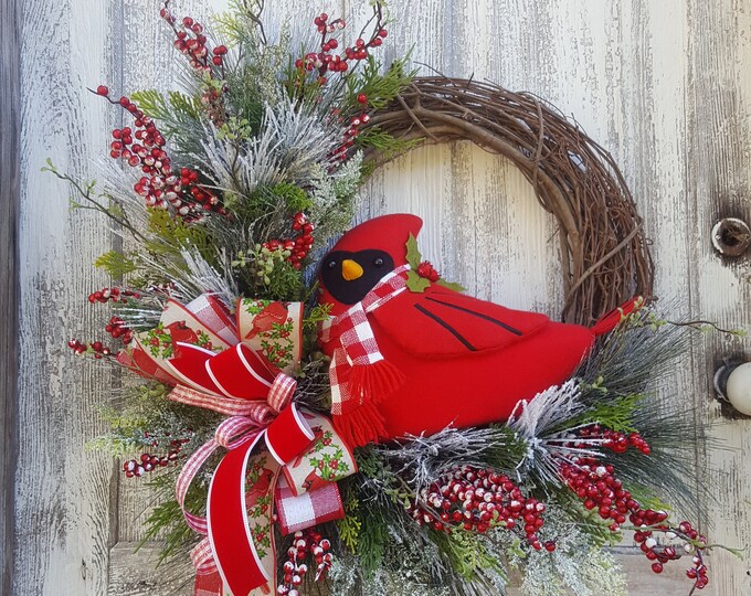Cardinal Wreath, Red Berry Wreath for Front Door, Rustic Christmas ...