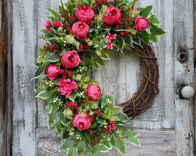 Spring Summer Peony Wreath, Country Cottage Wreath for Front Door, Pink ...