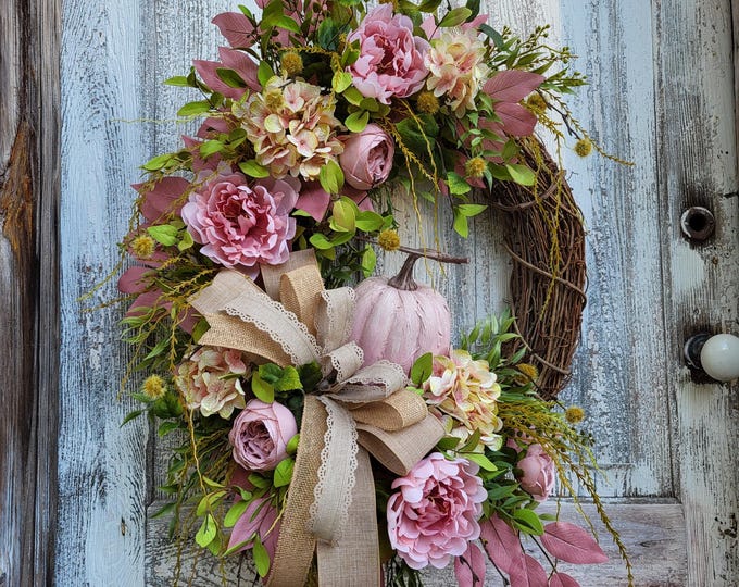 Pink Fall Wreath With Pumpkin for Front Door, Hydrangea Peony Autumn ...
