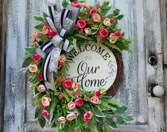 Spring Welcome Wreath, Summer Floral and Greenery Front Door Wreath ...