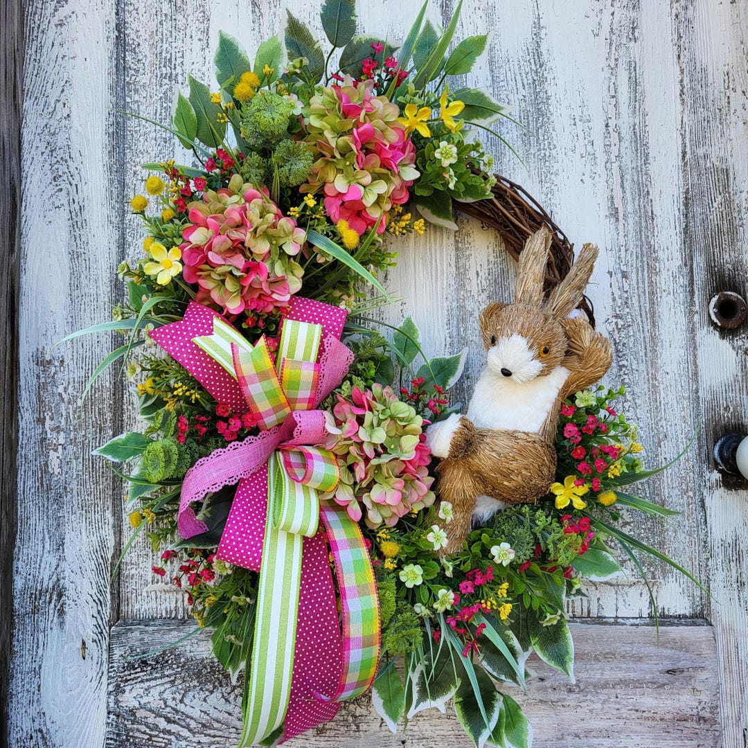 Spring Easter Hydrangea Wreath, Easter Bunny Wreath for Front Door ...