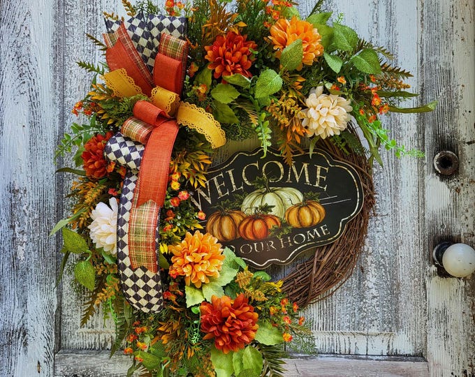 Fall Mum Welcome Wreath, Front Door Wreath, Autumn Floral Grapevine ...