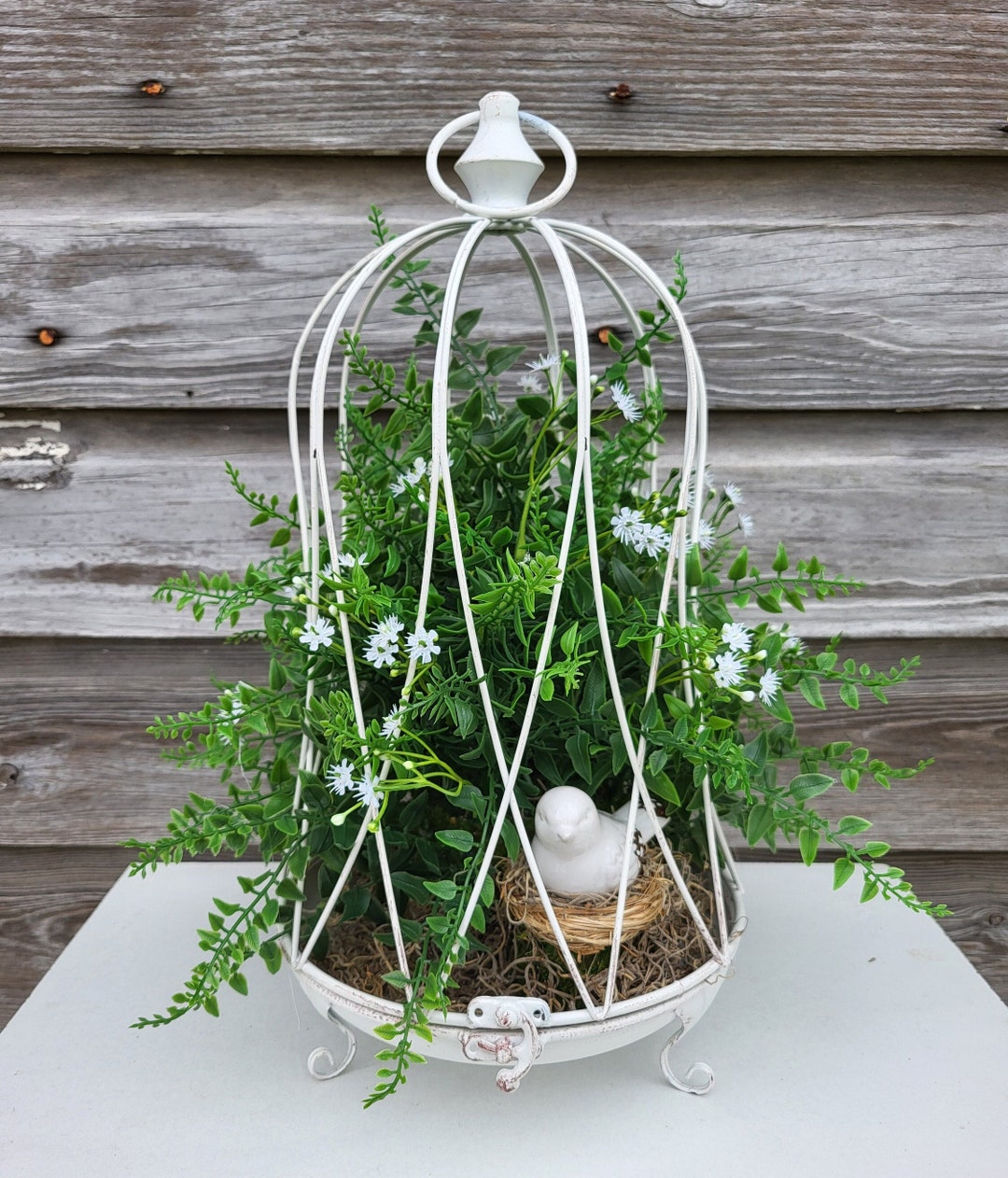 Birdcage Greenery Arrangement With Ceramic Bird, Farmhouse Everyday ...