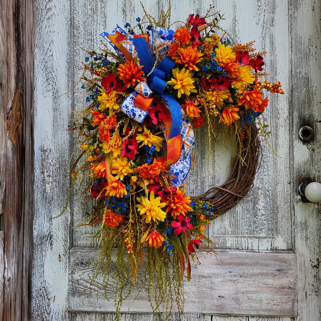 Fall Mum Wreath for Front Door, Autumn Floral Grapevine Decor ...
