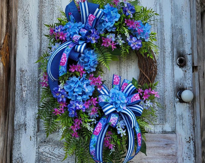 Blue Hydrangea Wreath, Spring and Summer Front Door Wreath, Farmhouse ...