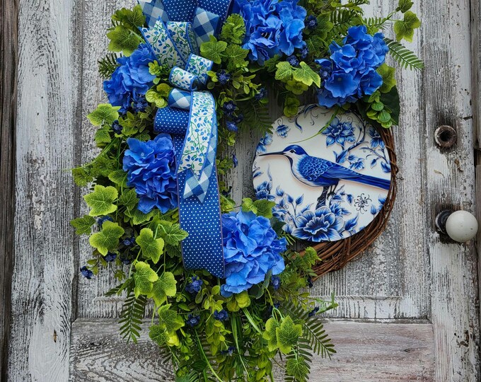 Blue Hydrangea Hummingbird Wreath for Front Door, Chinoiserie Spring ...