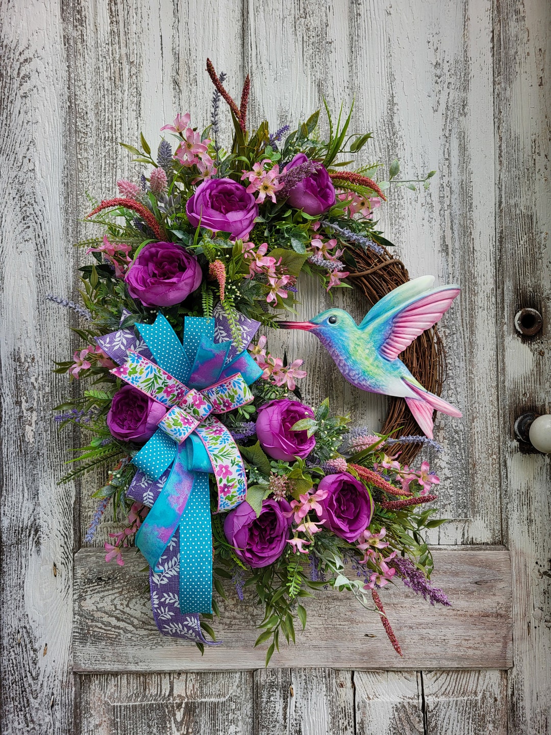 Hummingbird Cabbage Rose Wreath, Spring Summer Floral Front Door Wreath ...