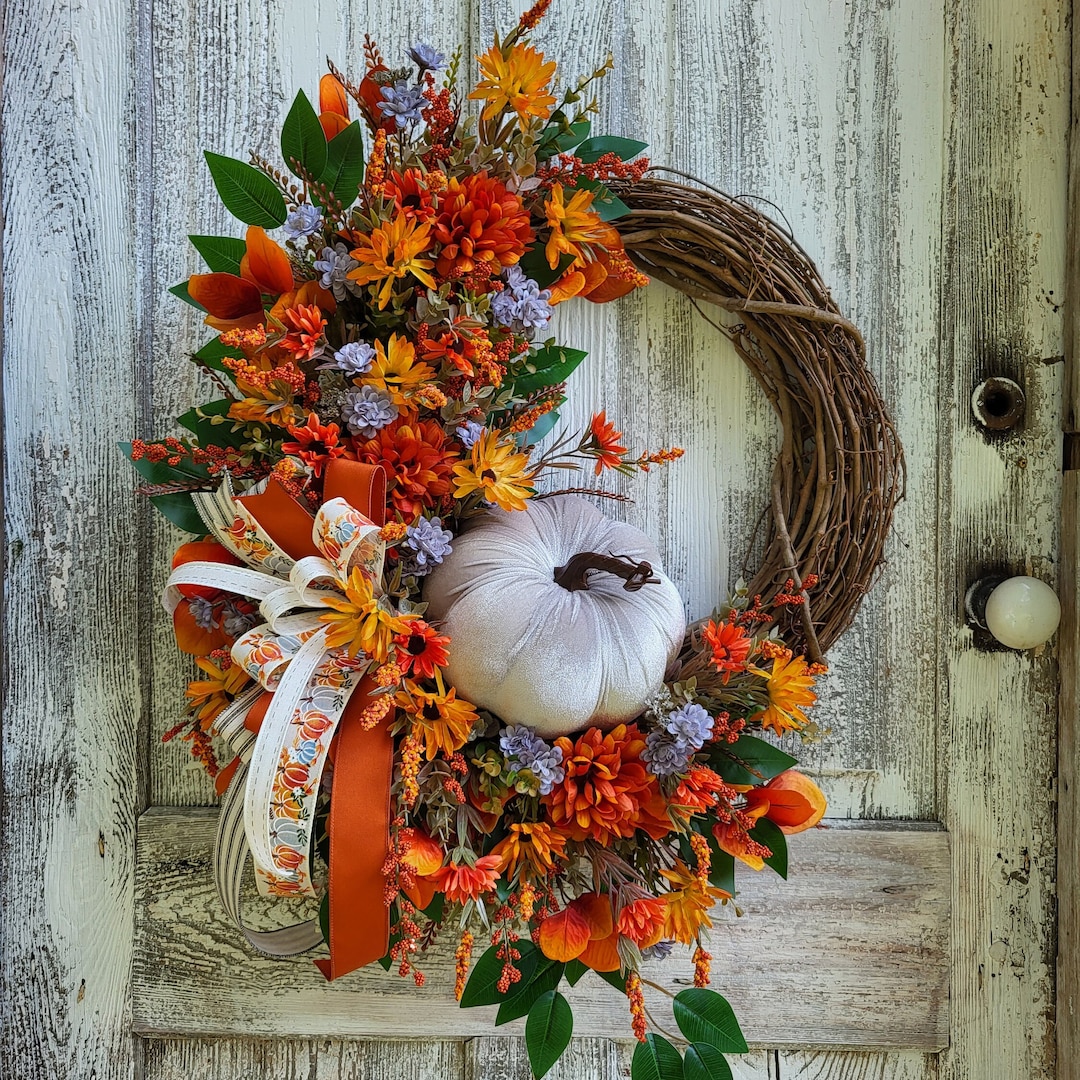 Fall Mum Wreath for Front Door, Autumn Grapevine Wreath, Thanksgiving ...