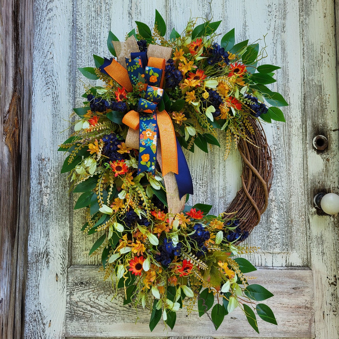 Orange and Blue Fall Wildflower Wreath for Front Door, Fall Floral ...