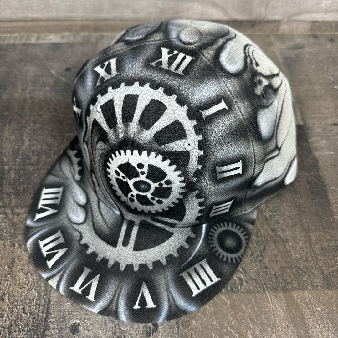 Airbrushed Lost Time Steampunk Clock Snapback Hat Hand Painted Airbrush ...