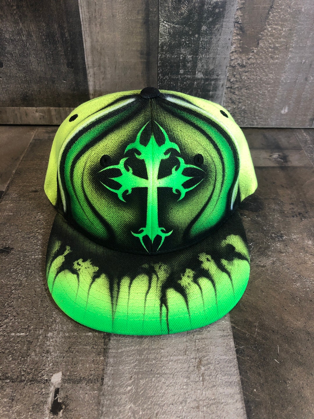 Airbrushed Cross Snapback Hat Hand Painted Airbrush Christian Cap Neon ...