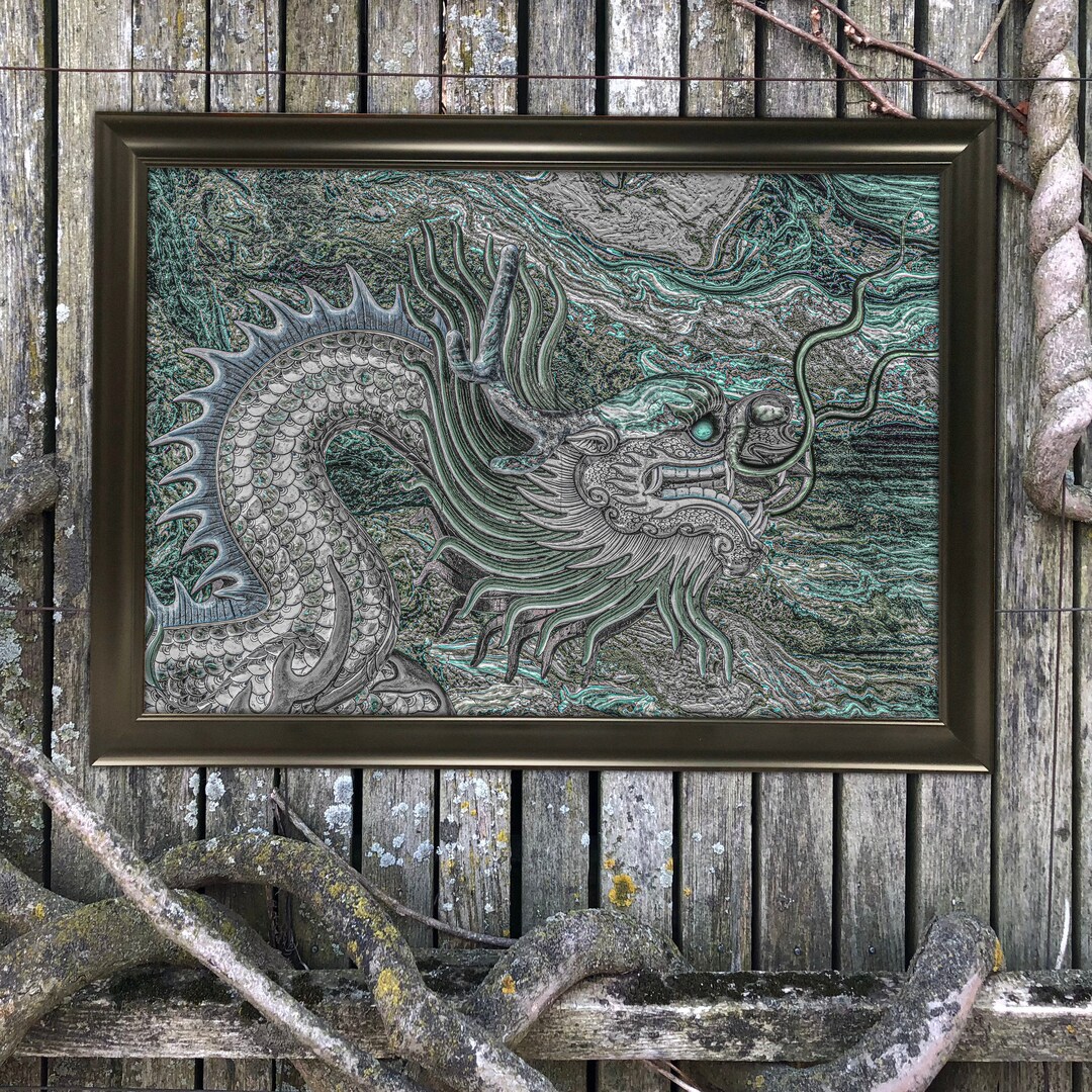 12x18 Chinese Dragon Abstract Art Print Wall Hanging Mixed Media Earth ...