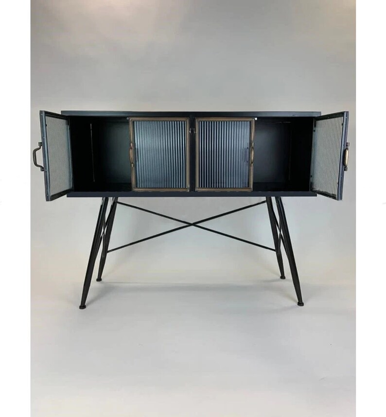 Black Metal Cabinet Wt Ribbed Glass Double Doors: Industrial Retro Home ...
