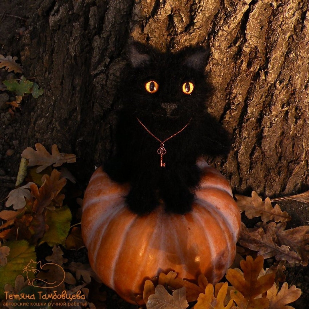 Black Cat Plush for Halloween Witch Home Decor, Handmade Realistic Cat ...