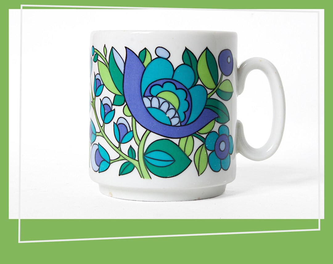 Flower Power Coffee Mug 1970s Mid Modern Mod Blue Teal - Etsy