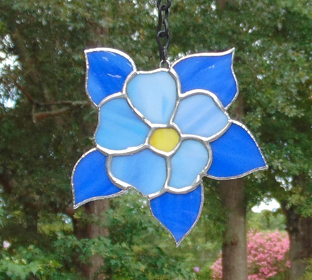 Columbine Flower Bloom Handmade Blue and White Aquilegia Stained Glass ...