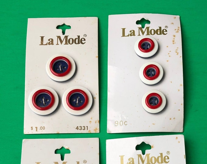 12 La Mode Buttons on Card Red White Blue 3D Disk Buttons W 4 Holes, 6 ...