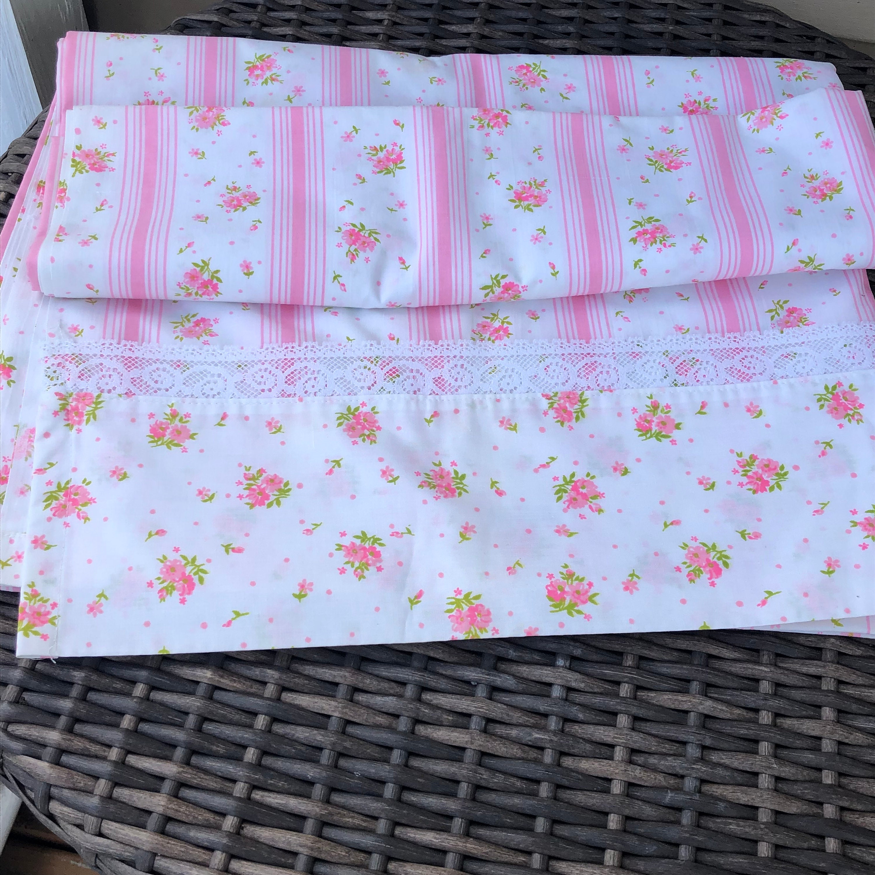 Vtg 80s Springmaid USA Lace, Pink Dimity Delight TWIN FLAT Sheet 50 50 ...