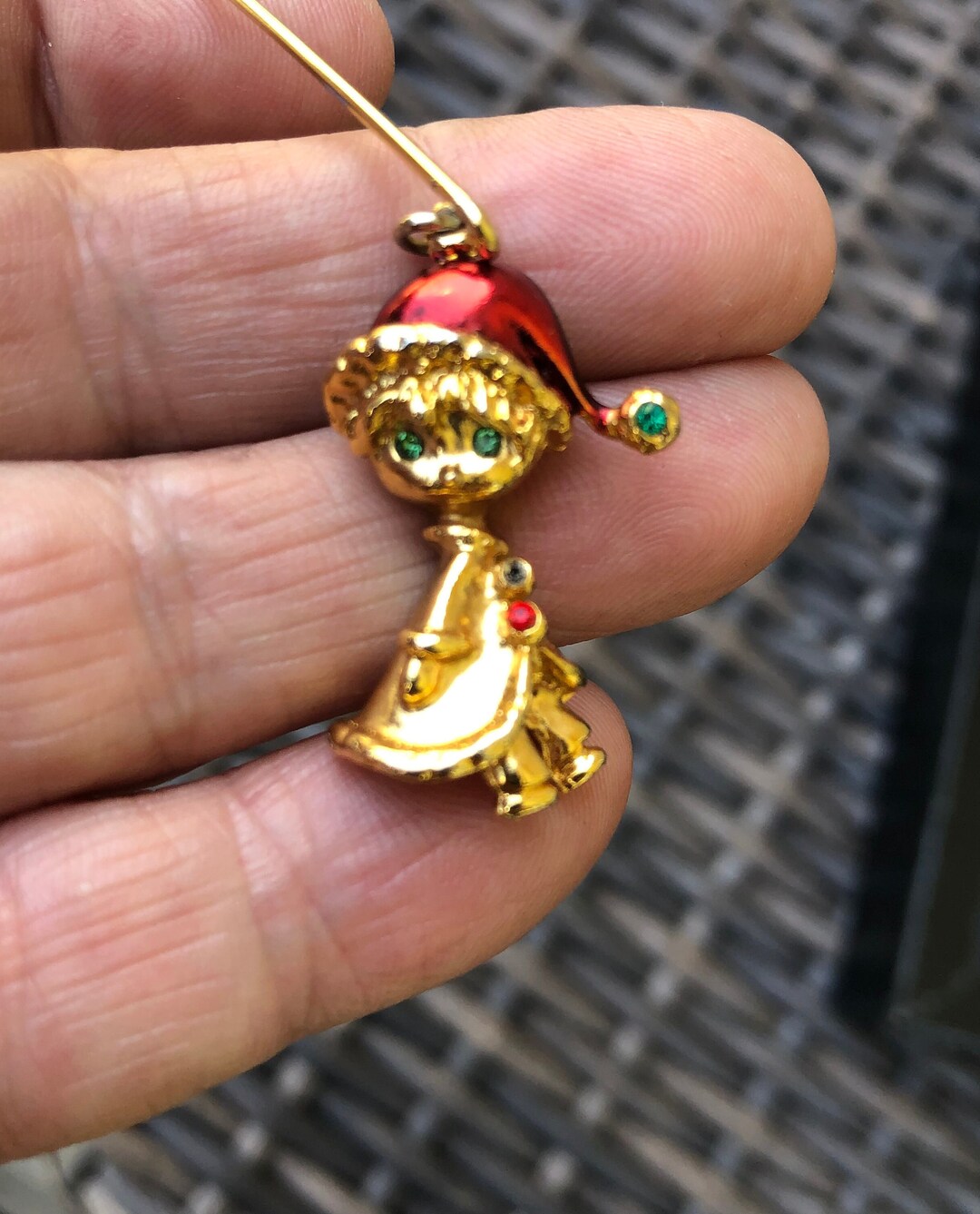 Vtg Rare DANGLING Stickpin Xmas Elf Grome Green Red Studded Rhinestone ...