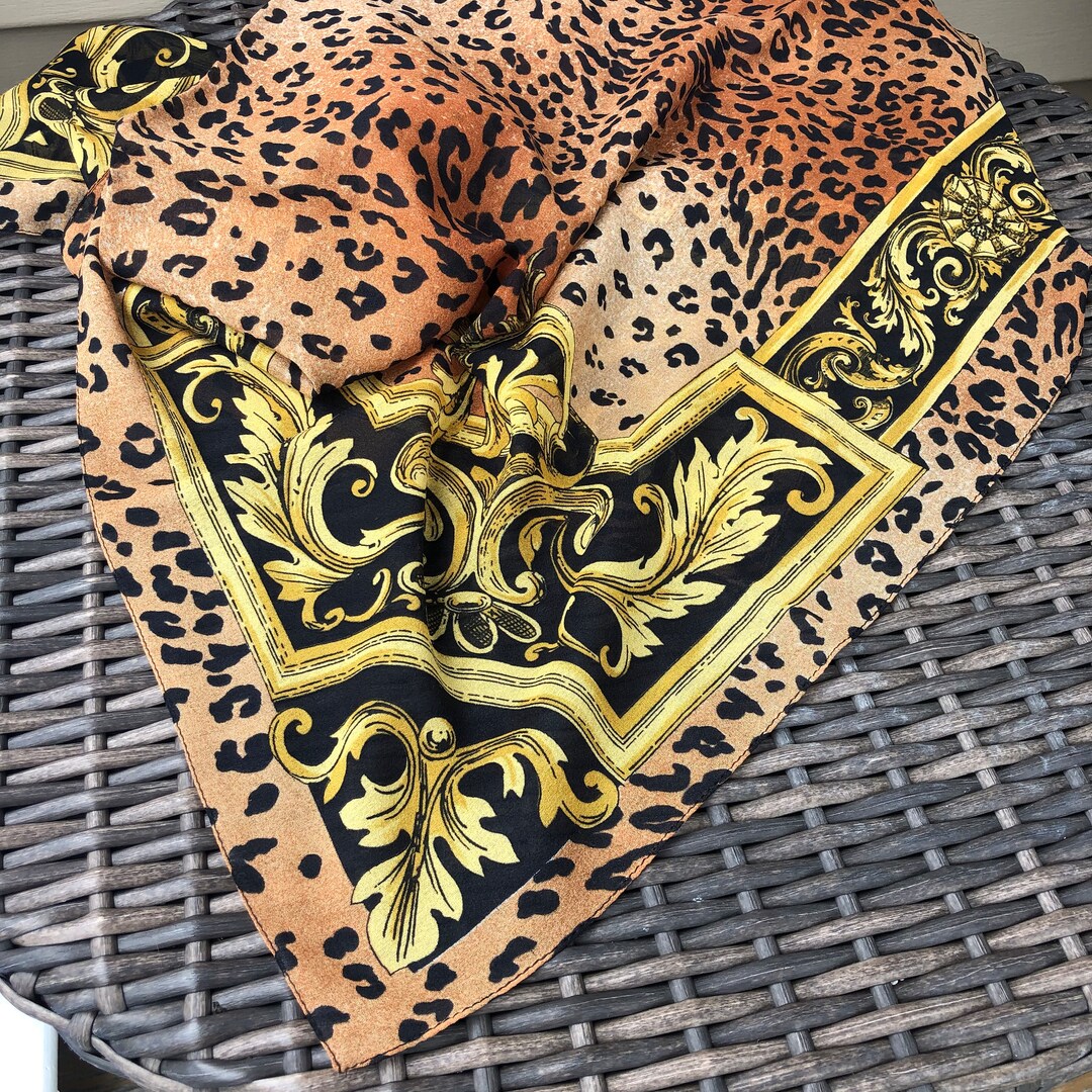 Vtg 70s Ornate Greek Scrolls Border and Animal Print Scarf Soft Crepe ...