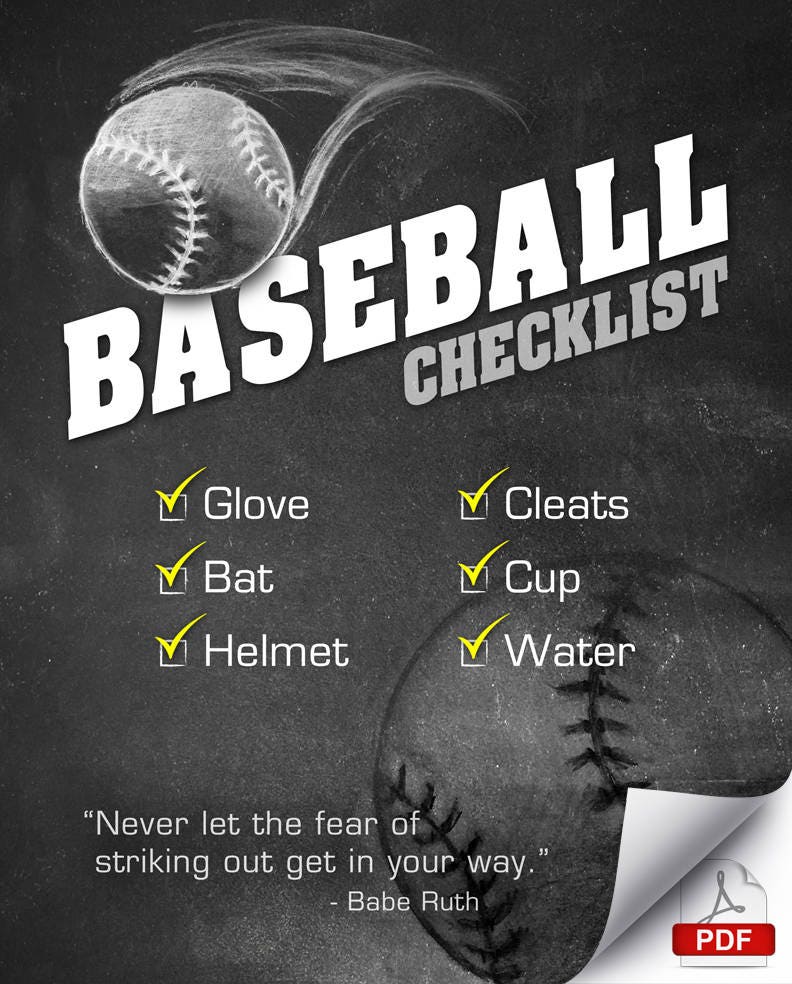 BASEBALL Sports Gear Checklist for Kids 8x10 Art | Etsy