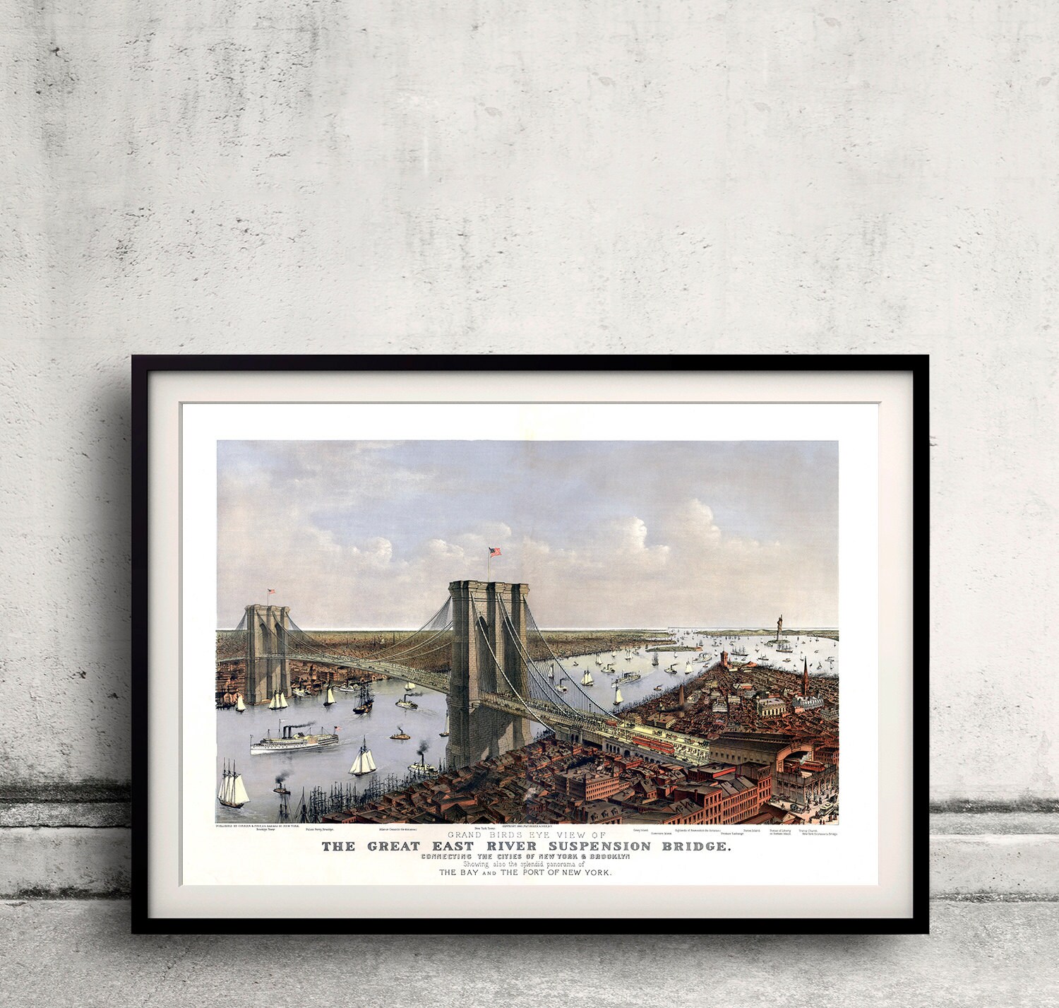 Bird's Eye View of New York Great East River Suspension Bridge 1885 SKU ...