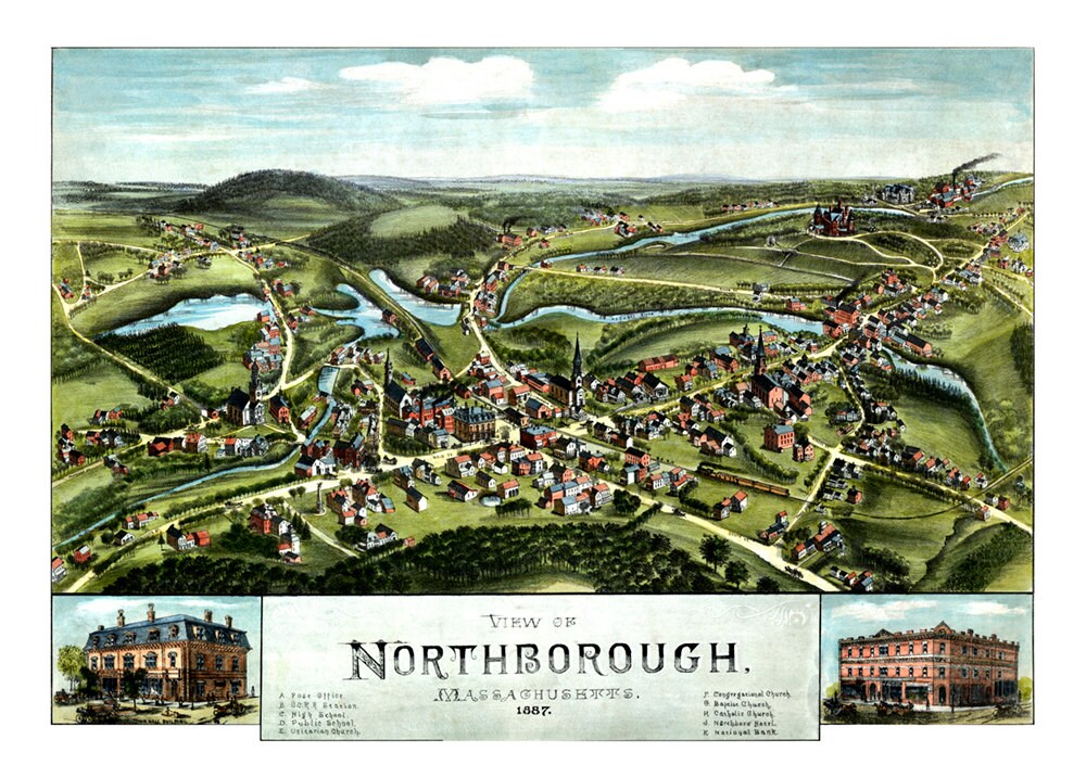 Bird's Eye View of Northborough Massachusetts 1887 - Etsy