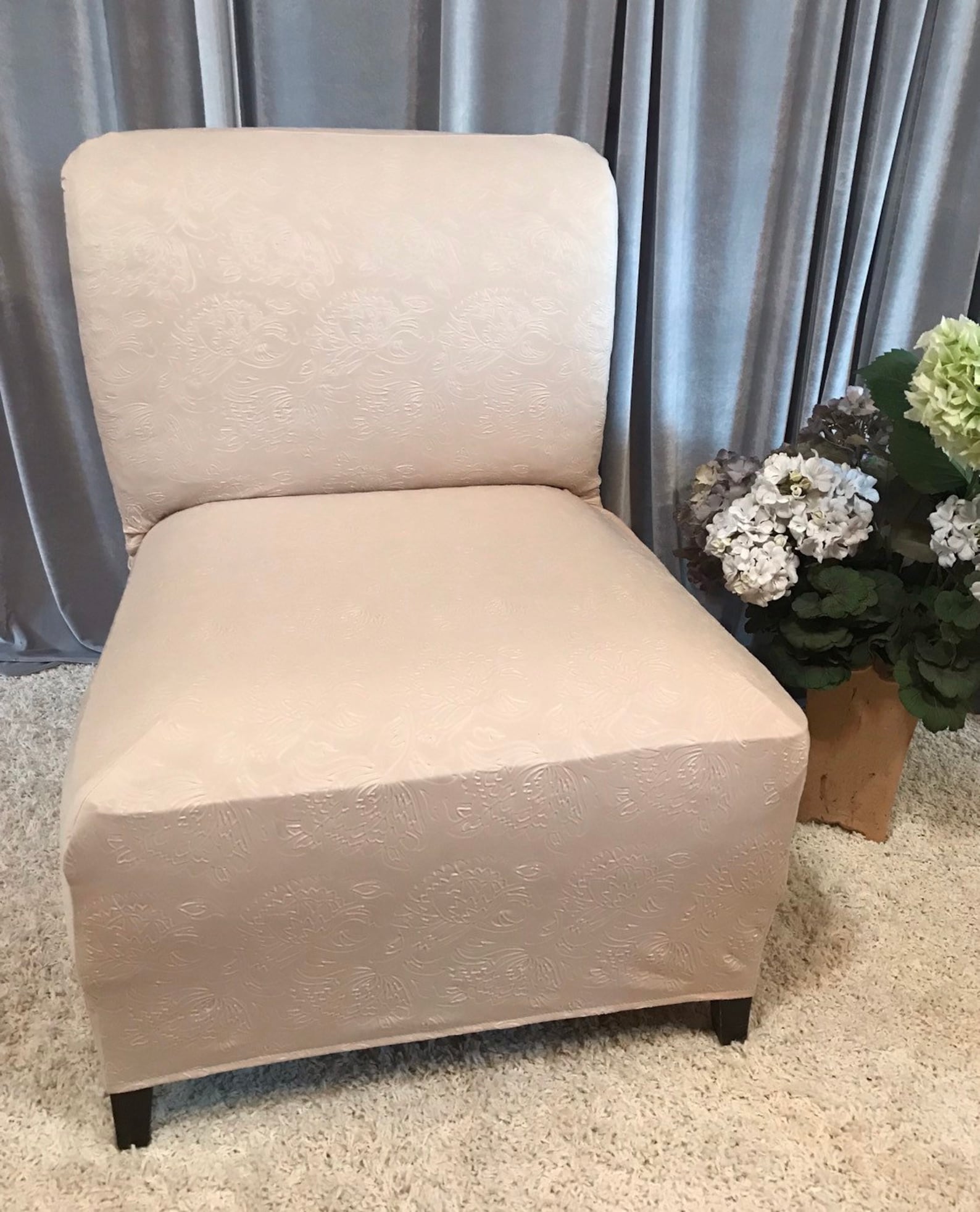Champagne Embossed Armless Chair Cover, Luxury Cream Fabric, Hand-sewn ...