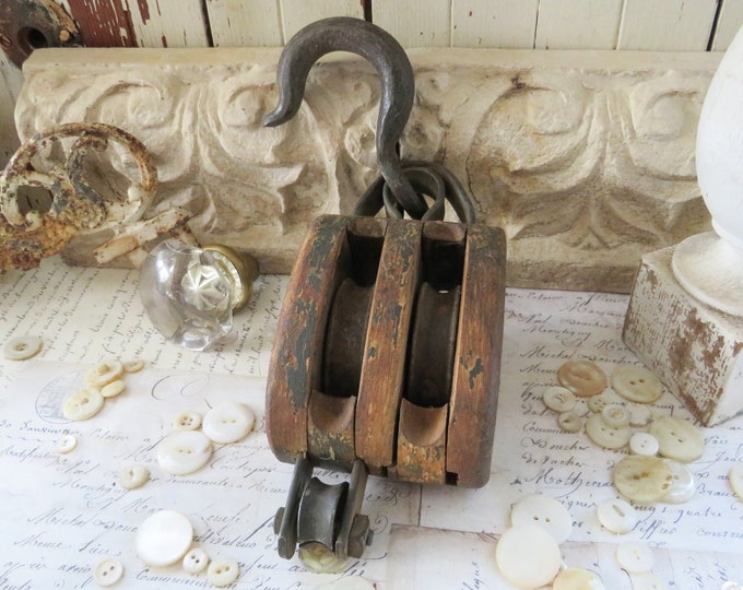 Vintage Antique Wood Barn Pulley With Iron Hook - Anvil Logo Double ...
