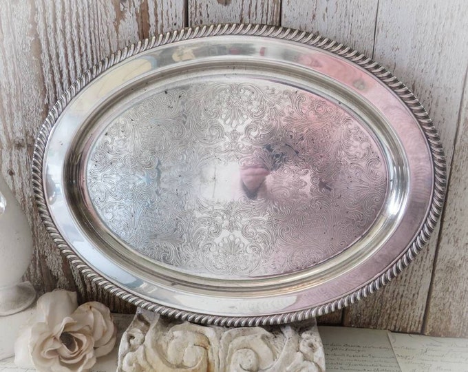 Vintage Oval Silver Plate Serving Tray Platter With Lovely Etched ...